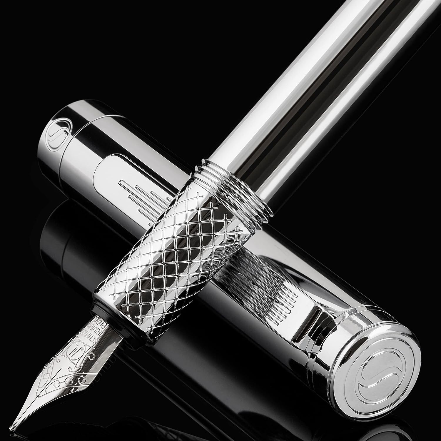 Scriveiner Silver Chrome Fountain Pen (Medium), Award Winning Luxury P